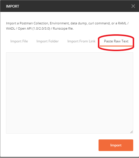 Step 3. In the text area, paste the cURL example and click the button 'Import'